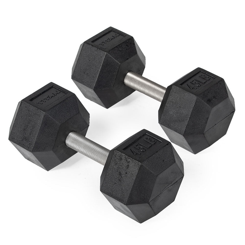 Titan Fitness 45 LB Pair Free Weights, Black Rubber Coated Hex Dumbbell ...
