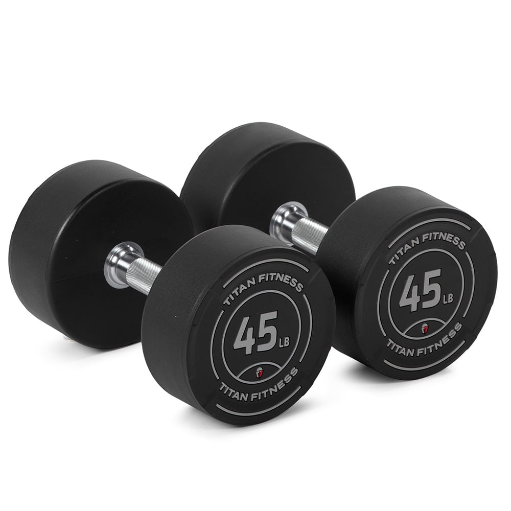 Titan Fitness 45 LB Set Round Urethane Dumbbells, Medium Volcano ...