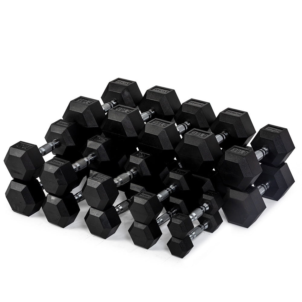 Titan Fitness Rubber Hex Dumbbells, 5 LB-50 LB Set of Pairs, Roll ...