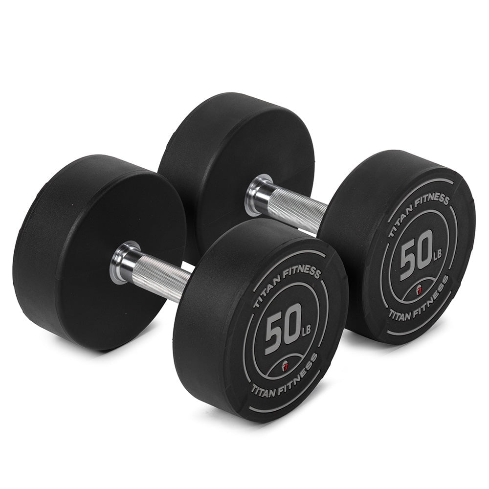 Titan Fitness 50 LB Set Round Urethane Dumbbells, Medium Volcano ...