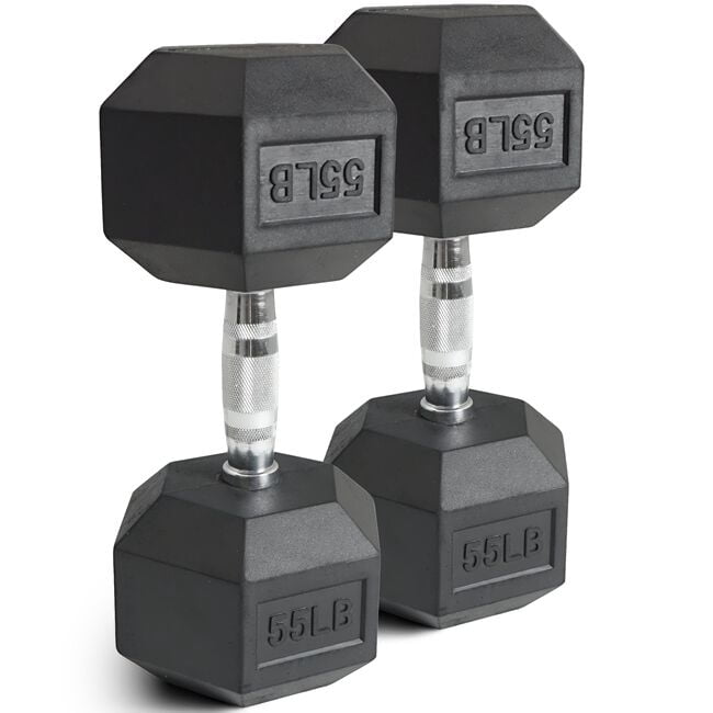 Titan Fitness 55 LB Pair Free Weights, Black Rubber Coated Hex Dumbbell ...
