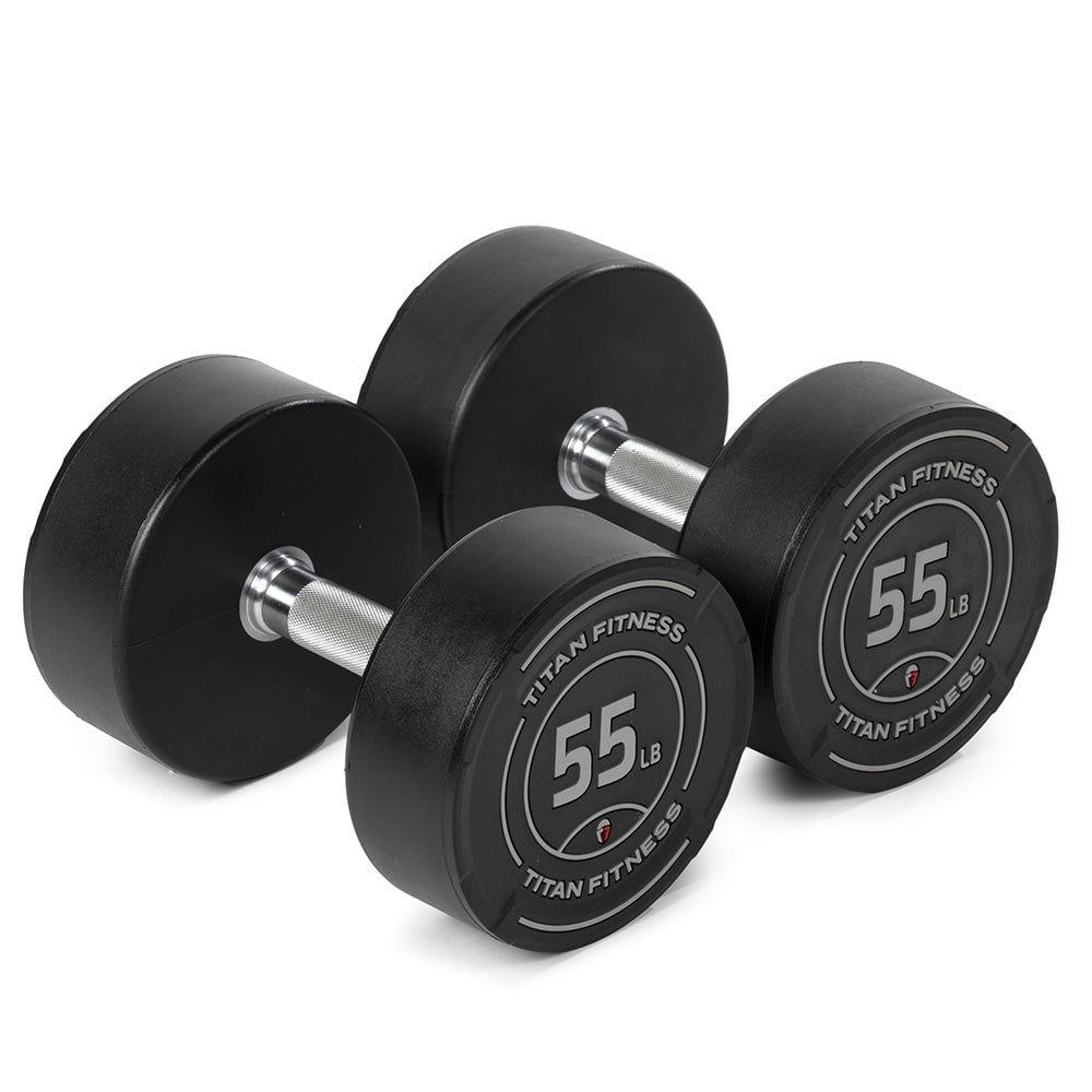 Titan Fitness 55 LB Set Round Urethane Dumbbells, Medium Volcano ...