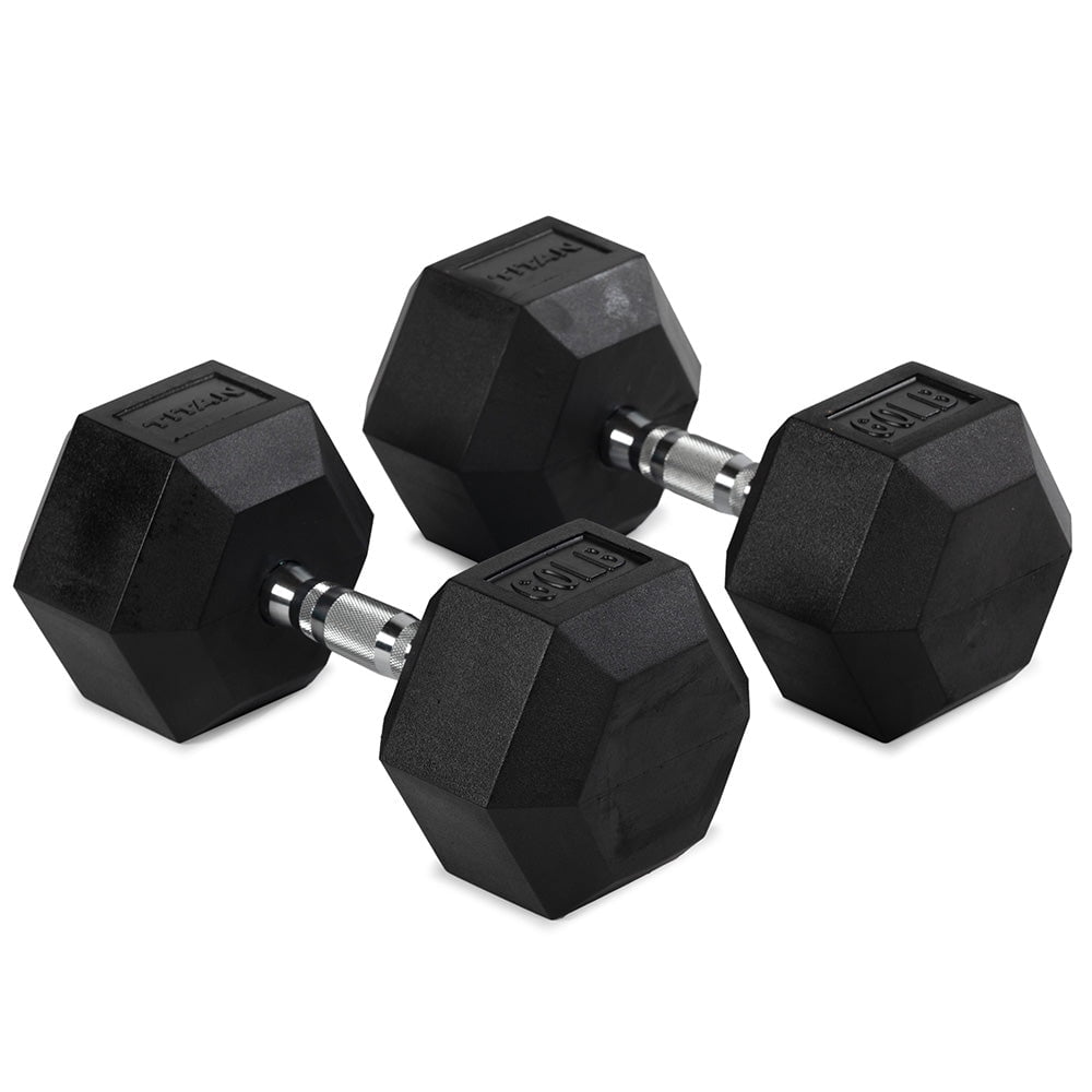 Titan Fitness 60 LB Pair Free Weights, Black Rubber Coated Hex Dumbbell ...