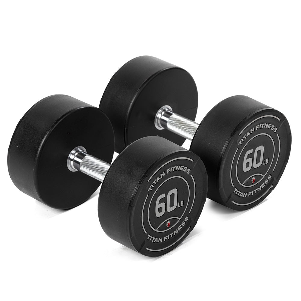 Titan Fitness 60 LB Set Round Urethane Dumbbells, Medium Volcano ...