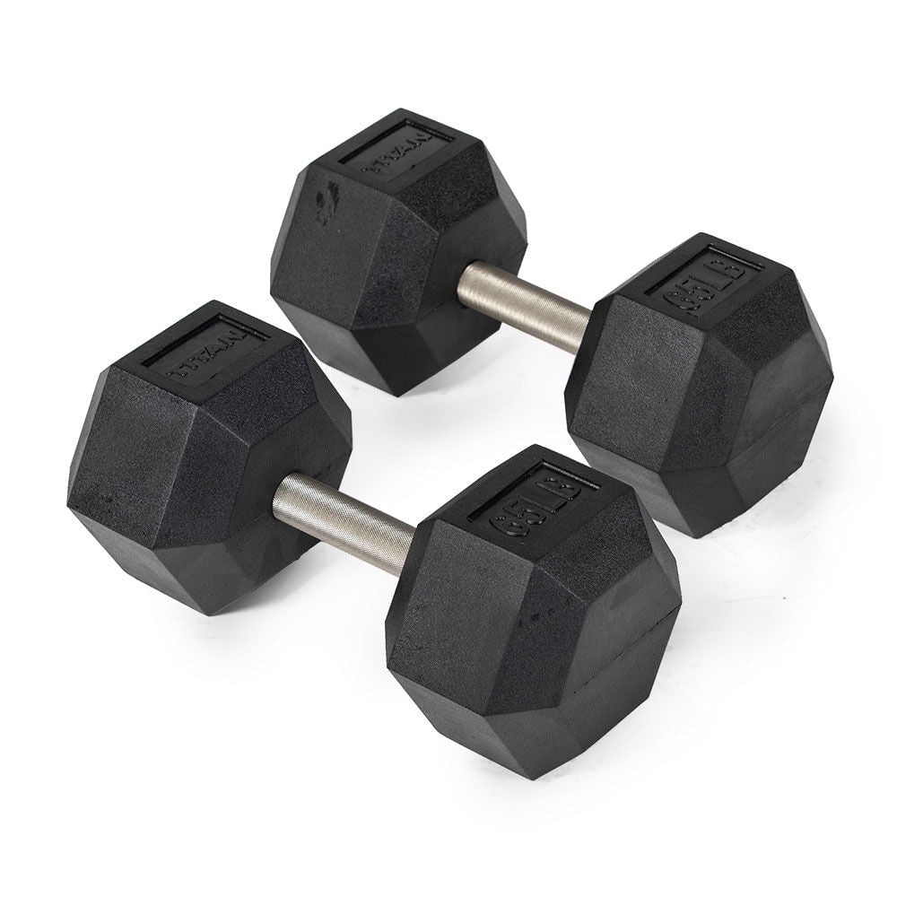 Titan Fitness 65 LB Pair Free Weights, Black Rubber Coated Hex Dumbbell ...