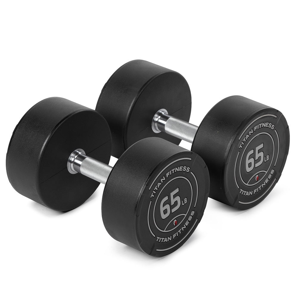 Titan Fitness 65 LB Set Round Urethane Dumbbells, Medium Volcano ...