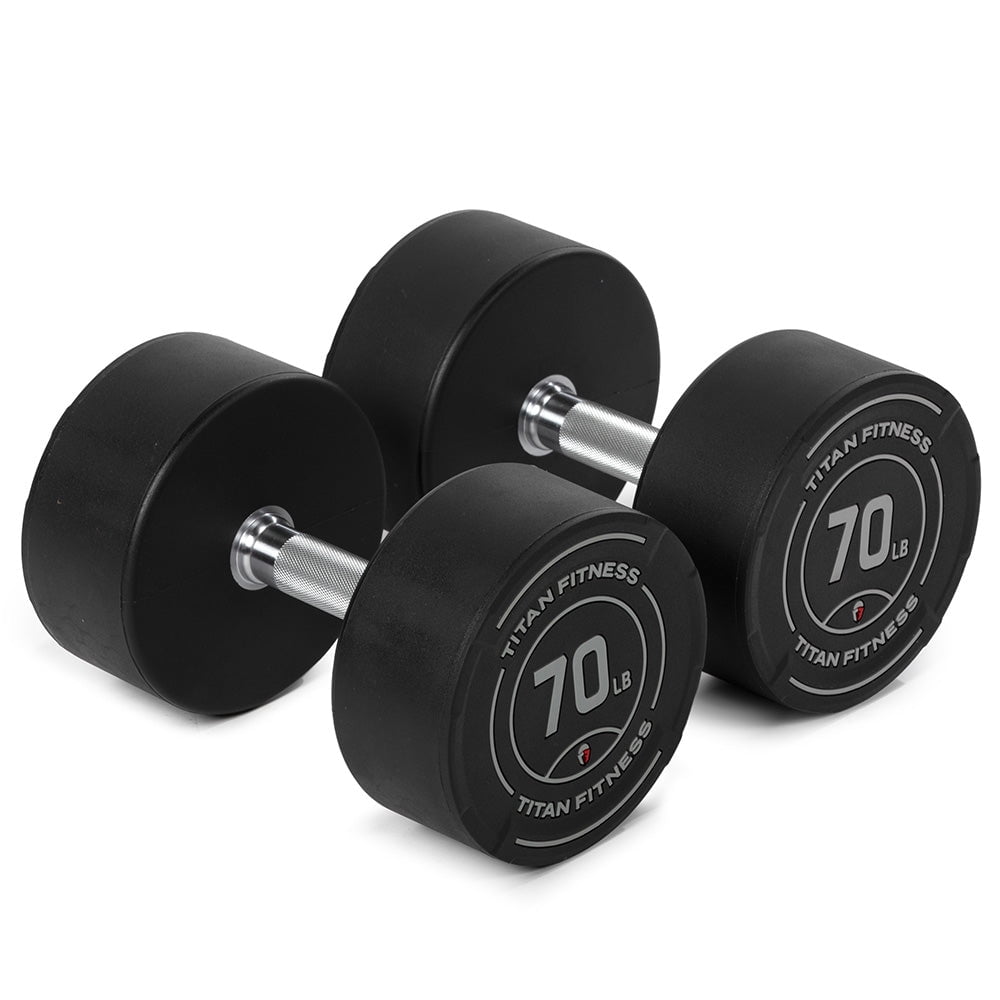 Titan Fitness 70 LB Set Round Urethane Dumbbells, Medium Volcano ...