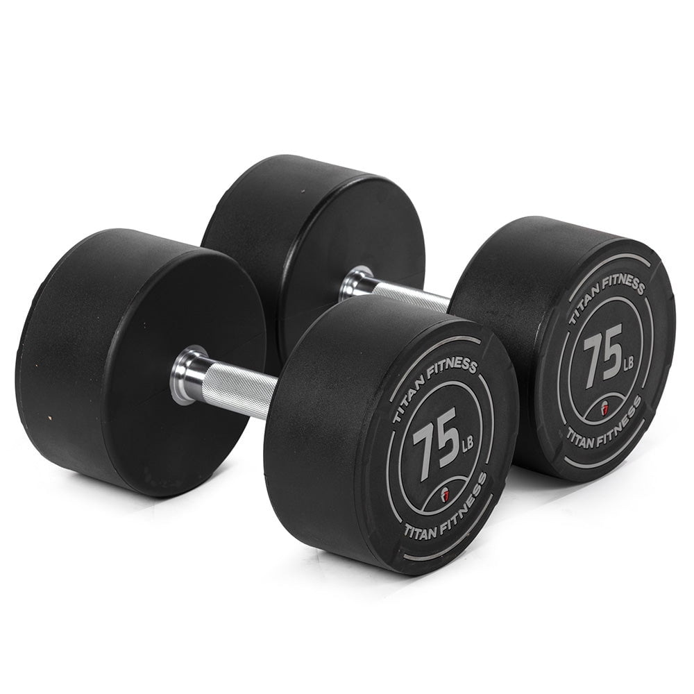 Titan Fitness 75 LB Set Round Urethane Dumbbells, Medium Volcano ...