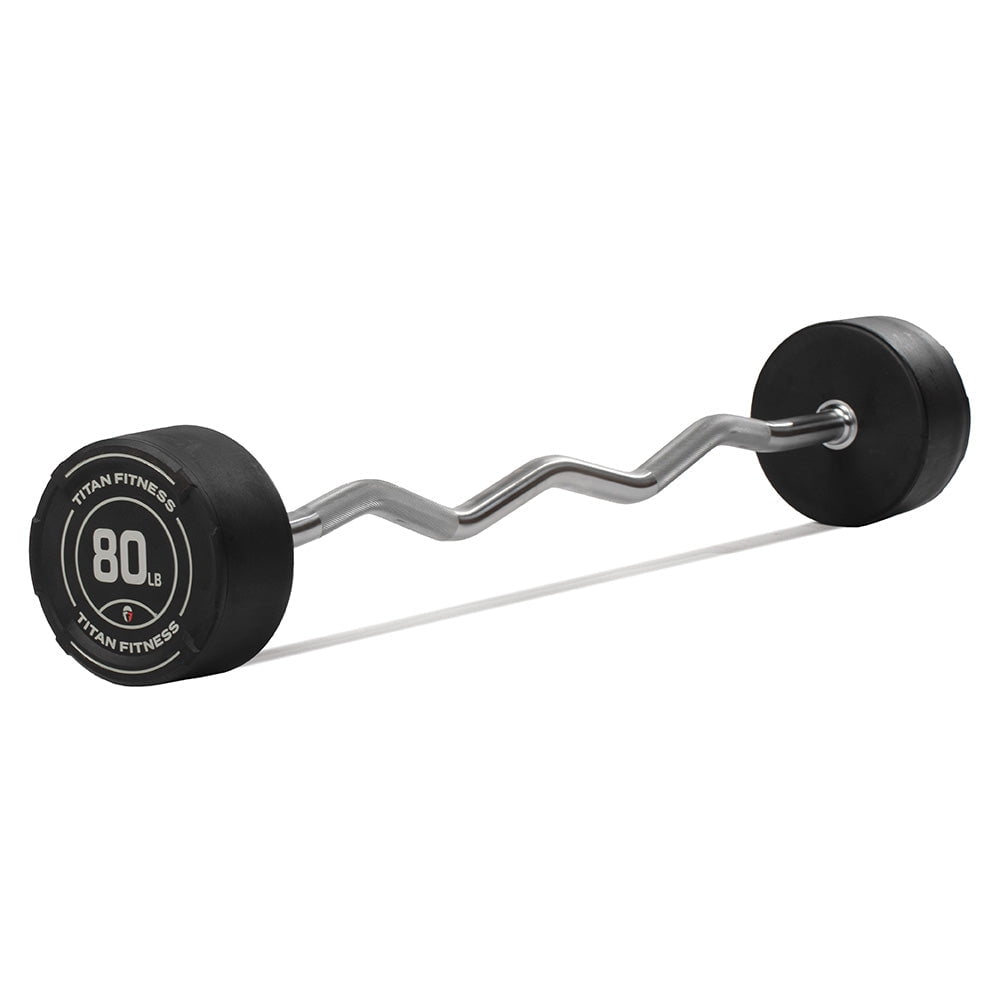 Titan Fitness 80 LB Rubber EZ Curl Fixed Barbell, Pre-Loaded Weight Bar ...