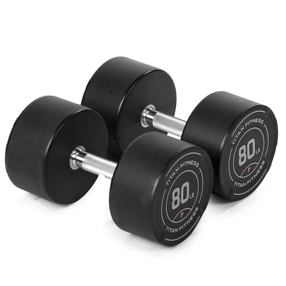 Titan Fitness 80 LB Set Round Urethane Dumbbells, Medium Volcano ...