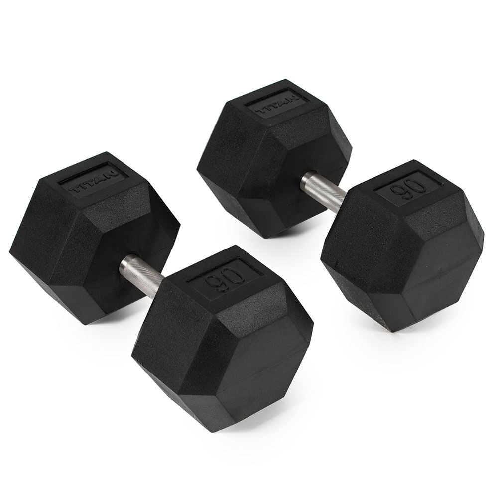 Titan Fitness 90 LB Pair Free Weights, Black Rubber Coated Hex Dumbbell ...