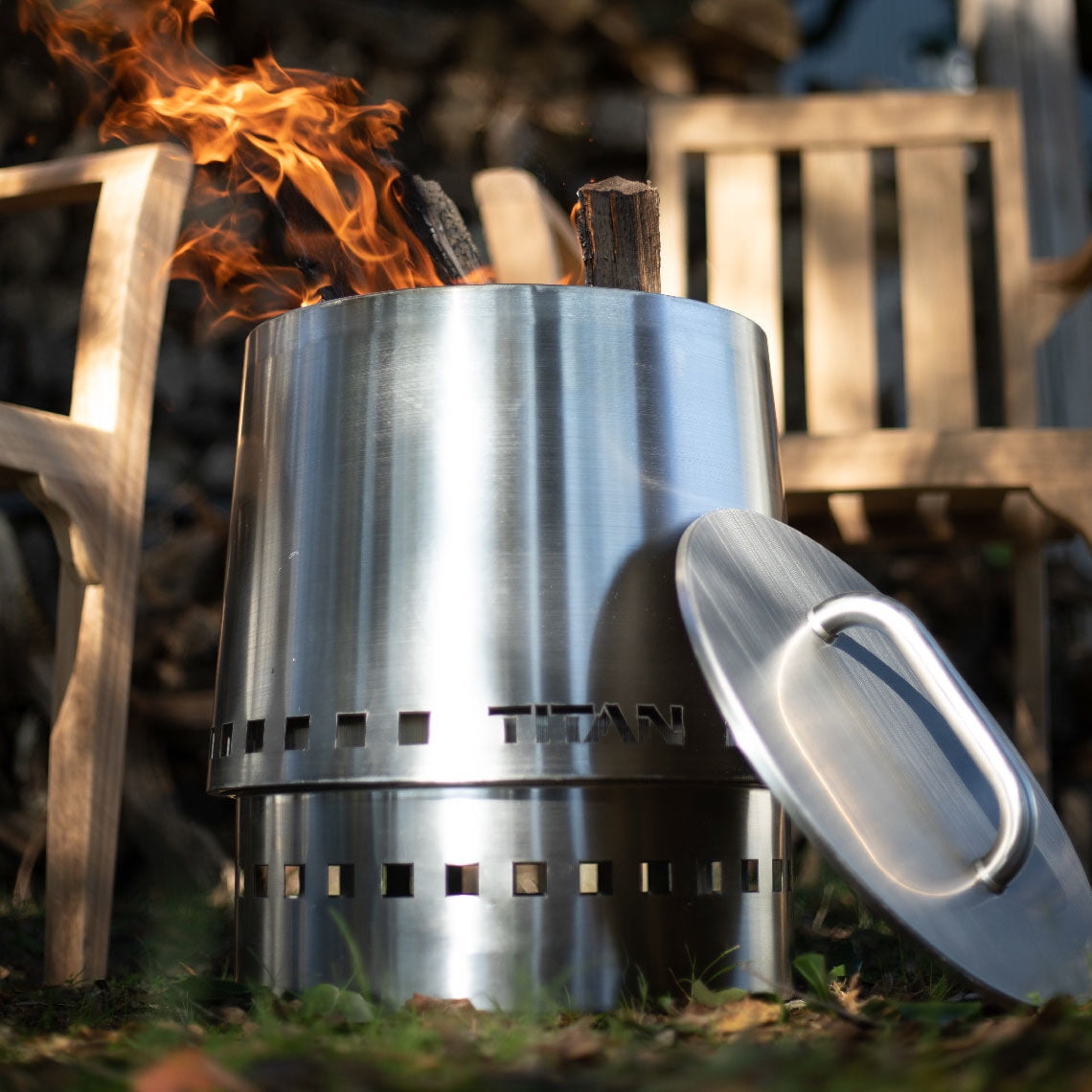 Titan Great Outdoors DUO Medium Stainless Steel Fire Pit with Lid, Near ...