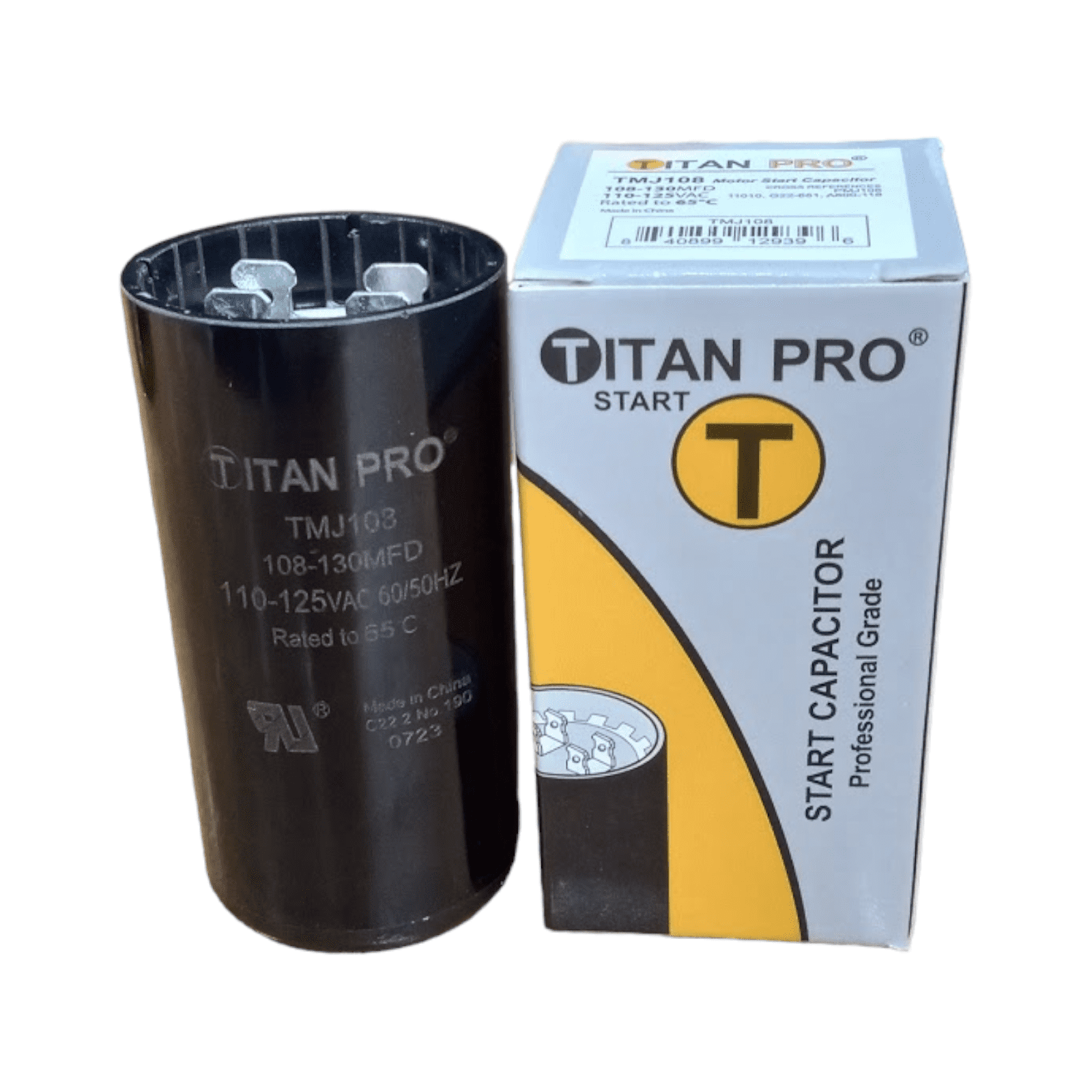 Titan Pro TMJ108 Motor Start Capacitor 108-130 MFD UF / 110-125 VAC ...