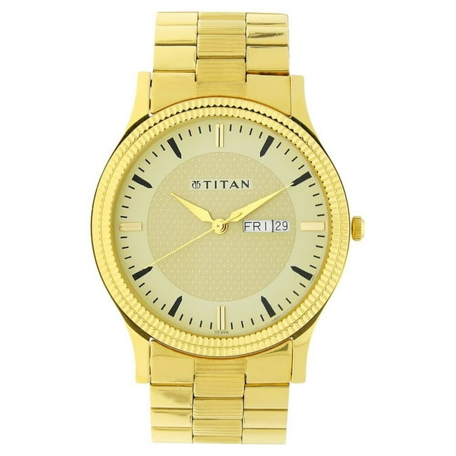 Titan Quartz Analog with Day and Date Golden Dial Stainless Steel Strap ...