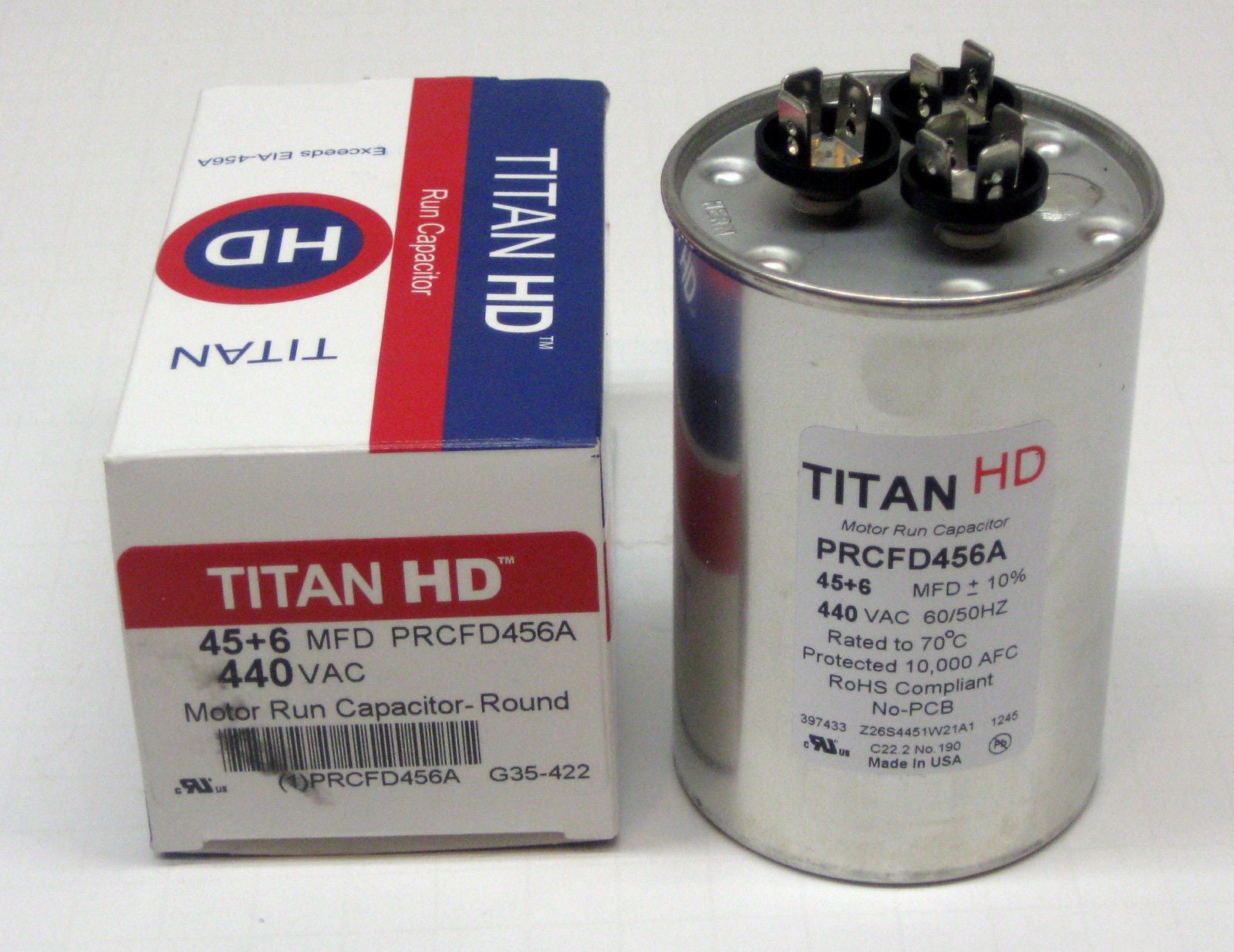 TitanHD PRCFD456A HVAC Round Run Dual Capacitor. 45/6 MFD/UF 440 V ...