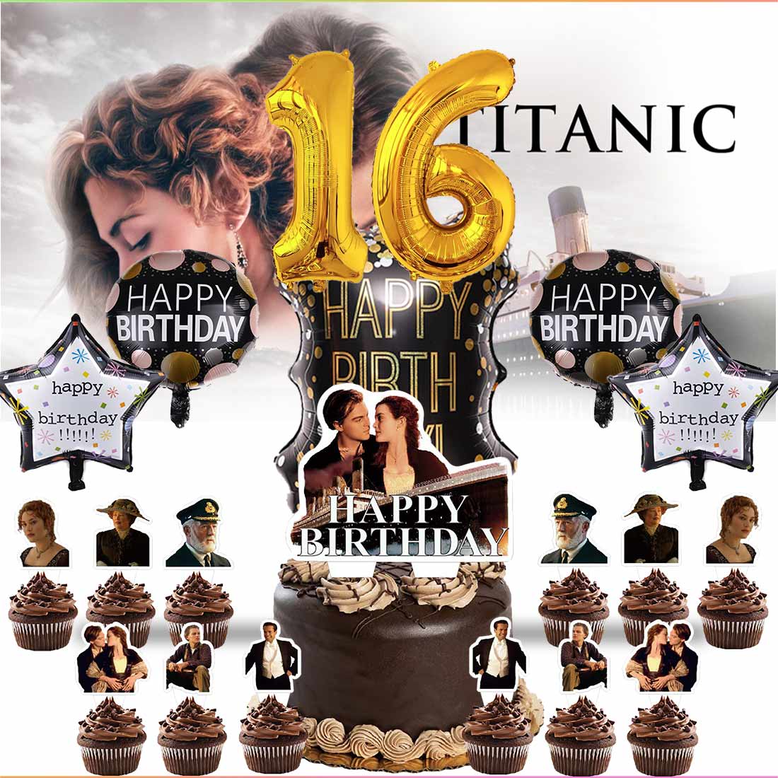 Titanic 16th Tableware Balloons Cake Toppers Backdrop Banner Supplies ...