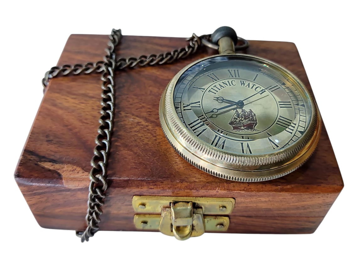 Titanic Compass Pocket Watch with Chain & Wooden Gift Box | Antique ...