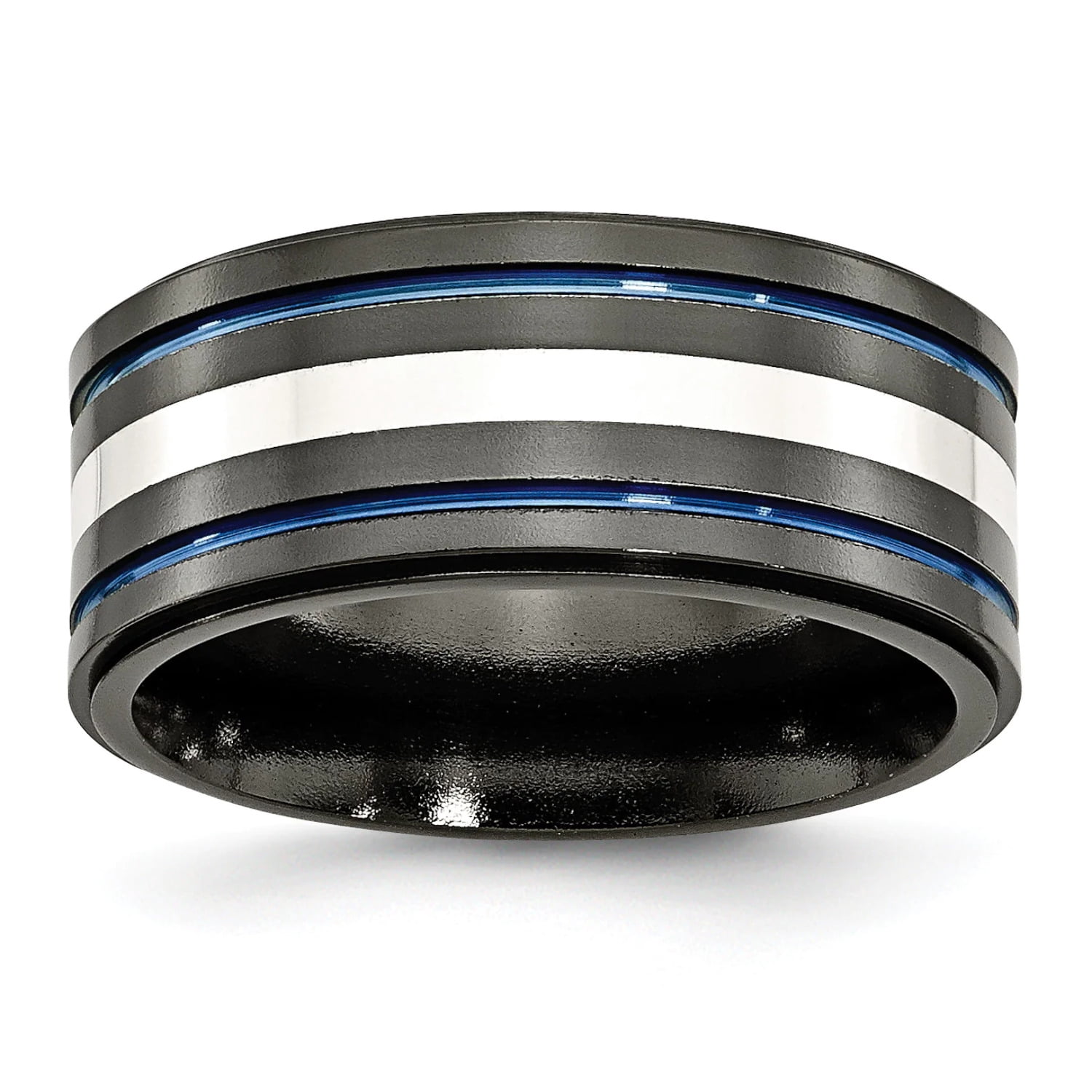 Titanium Black Ti with/Sterling Silver Inlay Blue Anodized 10mm Band ...