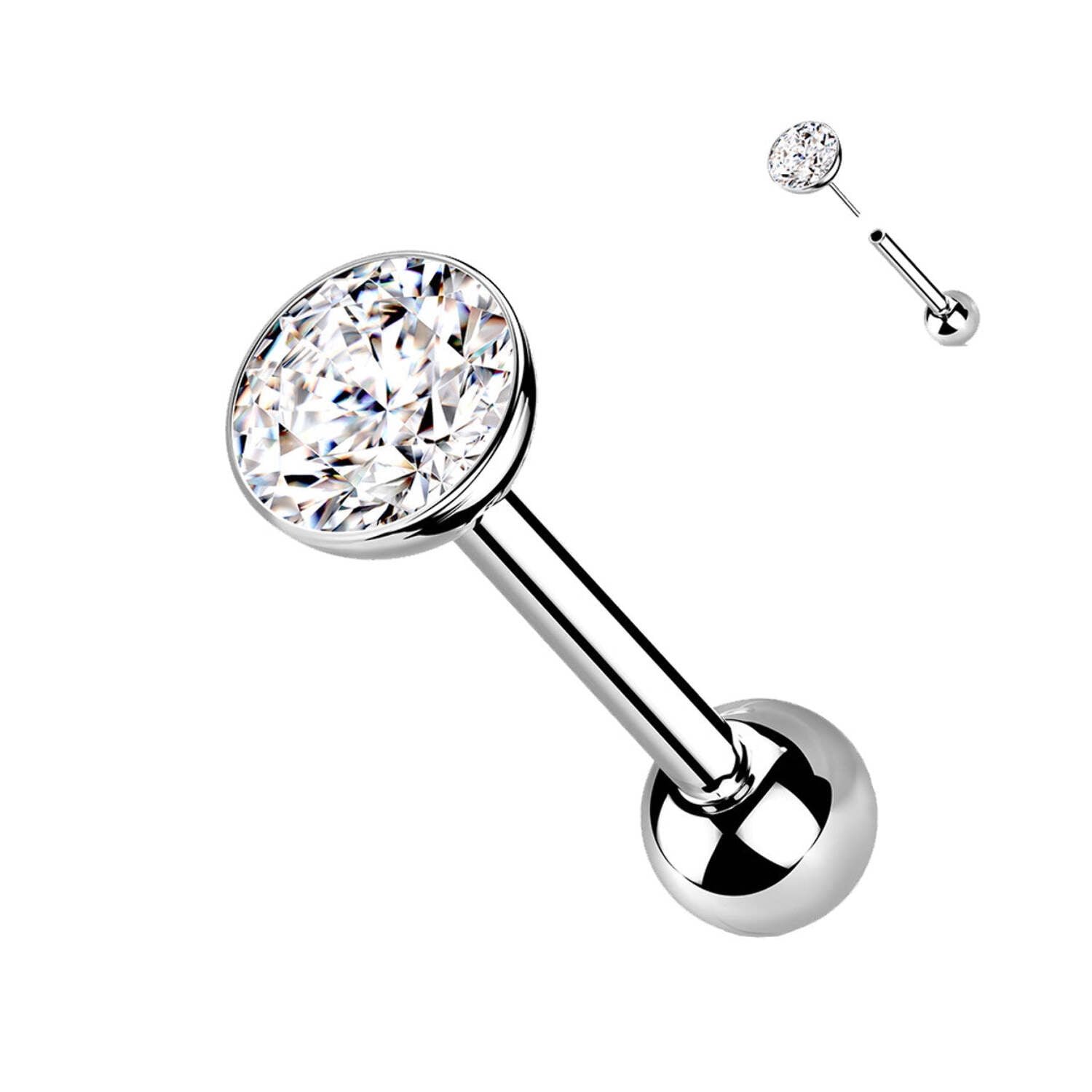 Titanium Cartilage Barbell Ball Top 18 16 Gauge With Threadless CZ Gem ...