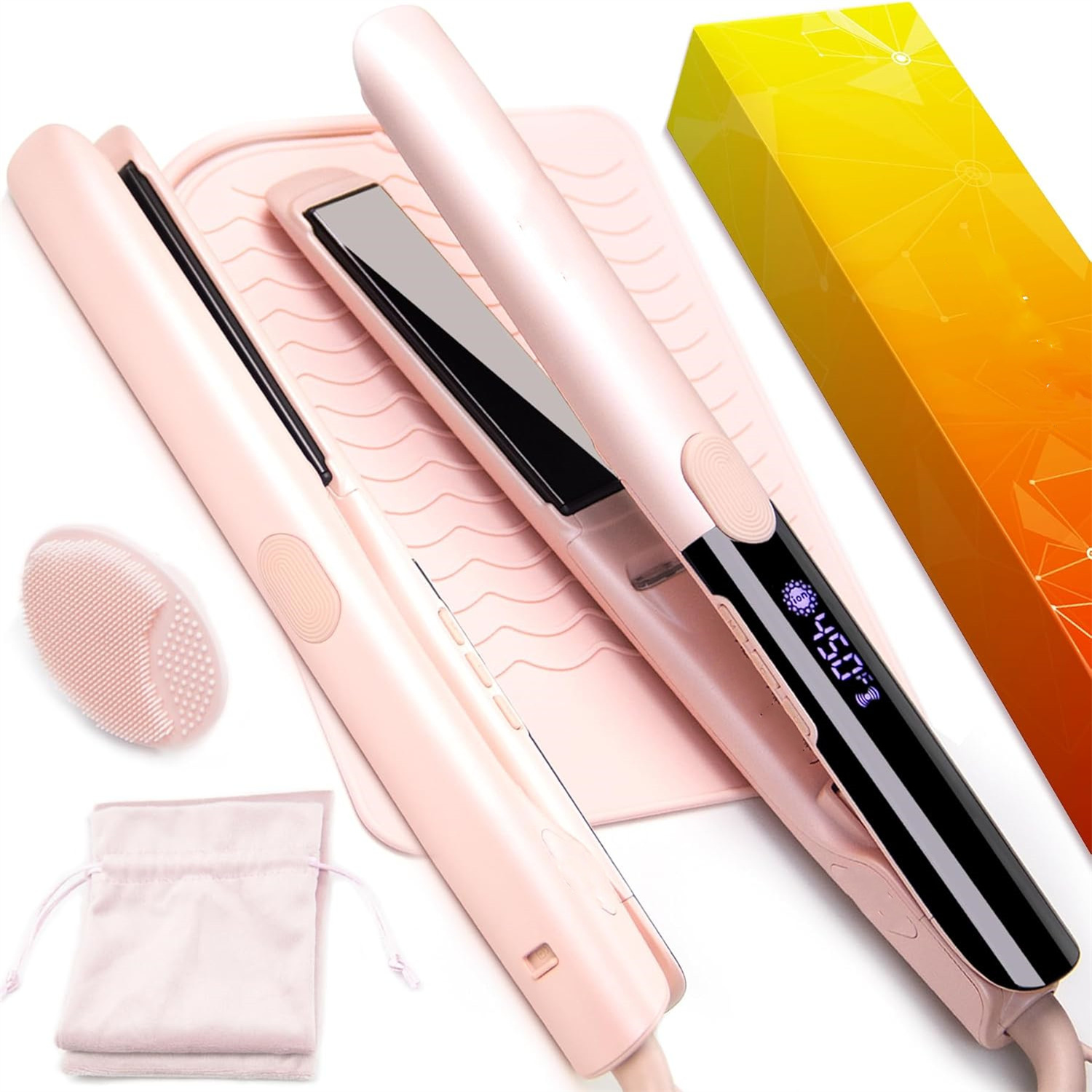 Titanium Flat Iron Hair Straightener and Curler 2 in 1, Round Pink Dual ...
