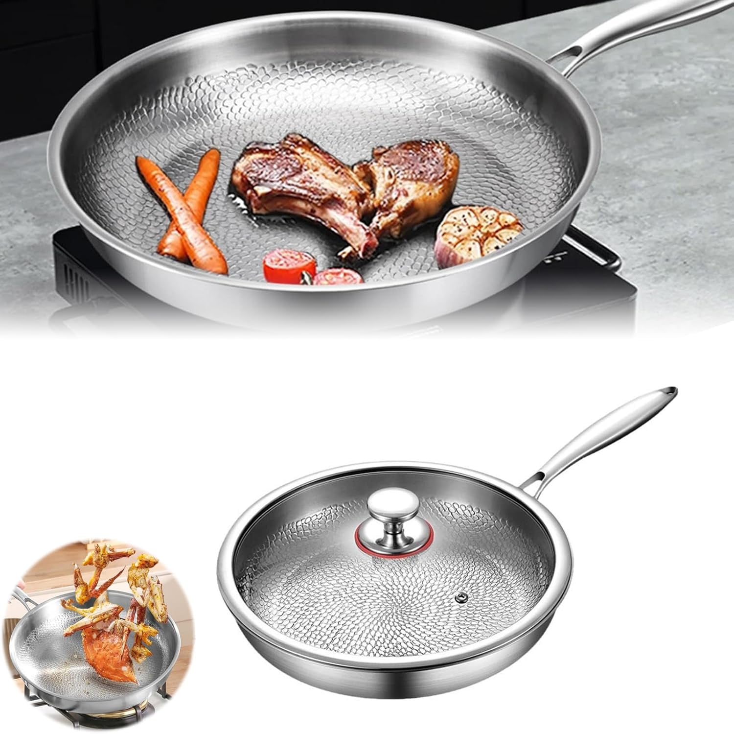 Titanium Hammered Pan Pro with Lid, Ultra-Durable Scratch-Resistant Non ...