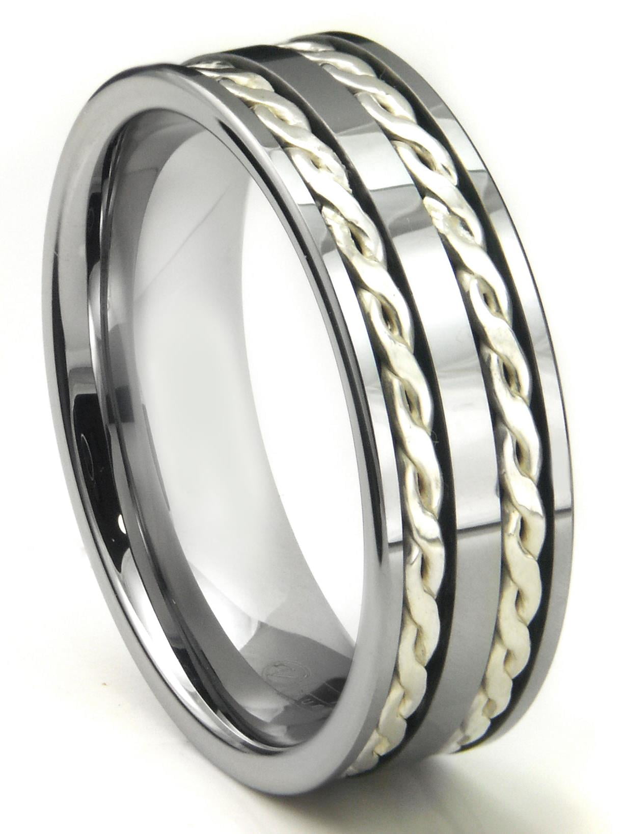 Titanium Kay Tungsten Carbide Silver Rope Comfort Fit Mens Wedding Band ...