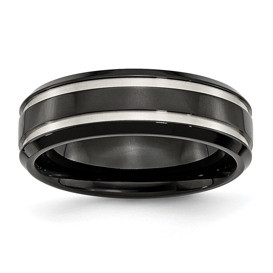 Titanium Polished Black Plated Grooved 7mm Band Ring Size 13-Band Style ...