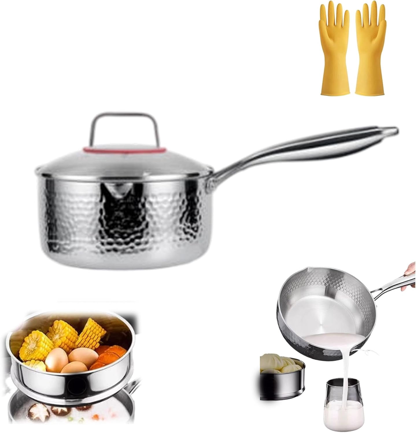 Titanium Saucepan with Lid and Steamer, Hammered No Coating Non-Stick ...
