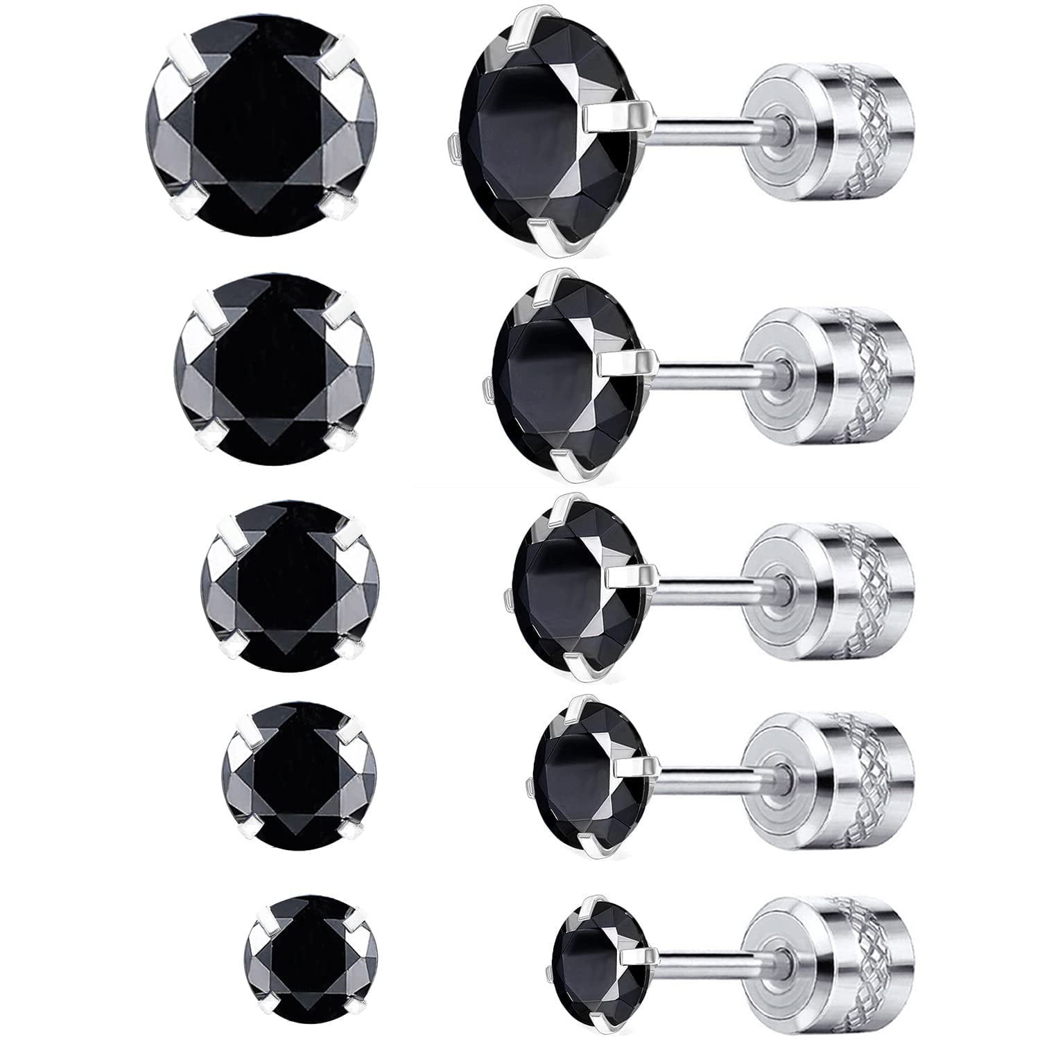 Titanium Screw Back Pack of Earrings Black Cubic Zirconia Double Sided ...
