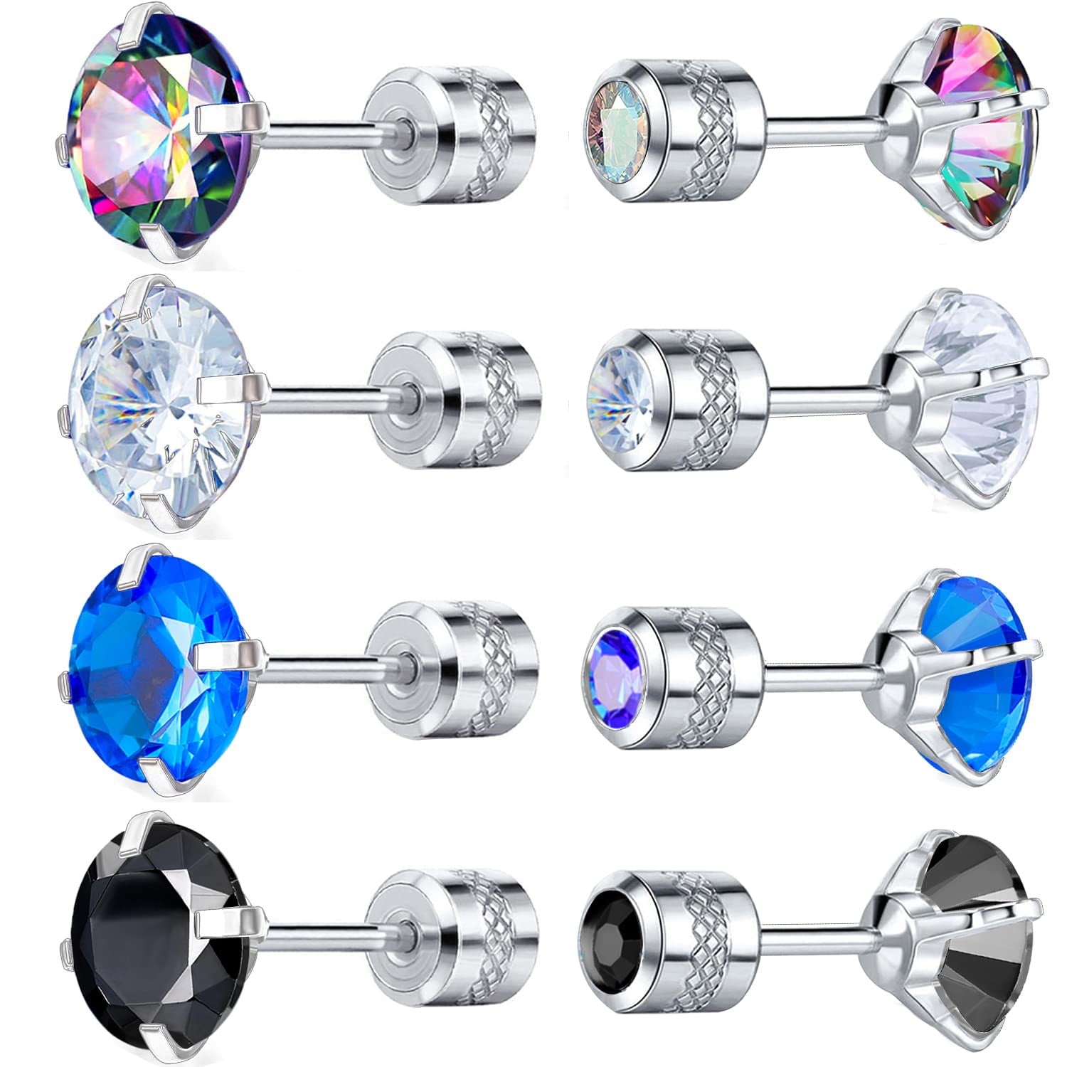 Titanium Screw Back Pack of Earrings Rainbow Cubic Zirconia Simulated ...