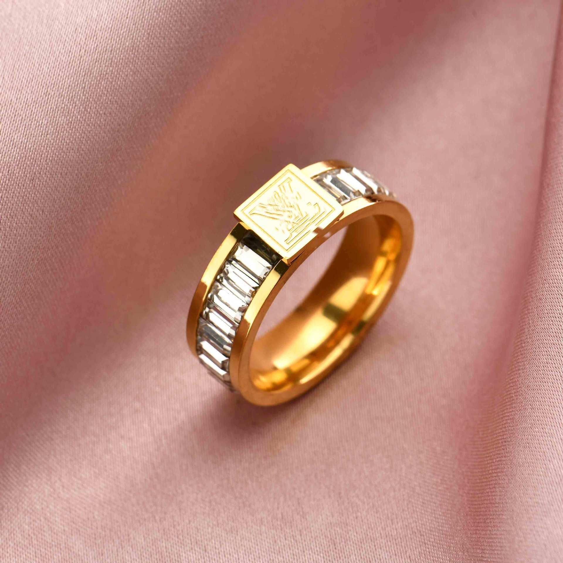 Titanium Steel Couple Rings Geometric Design with Rhinestone Inlay and ...