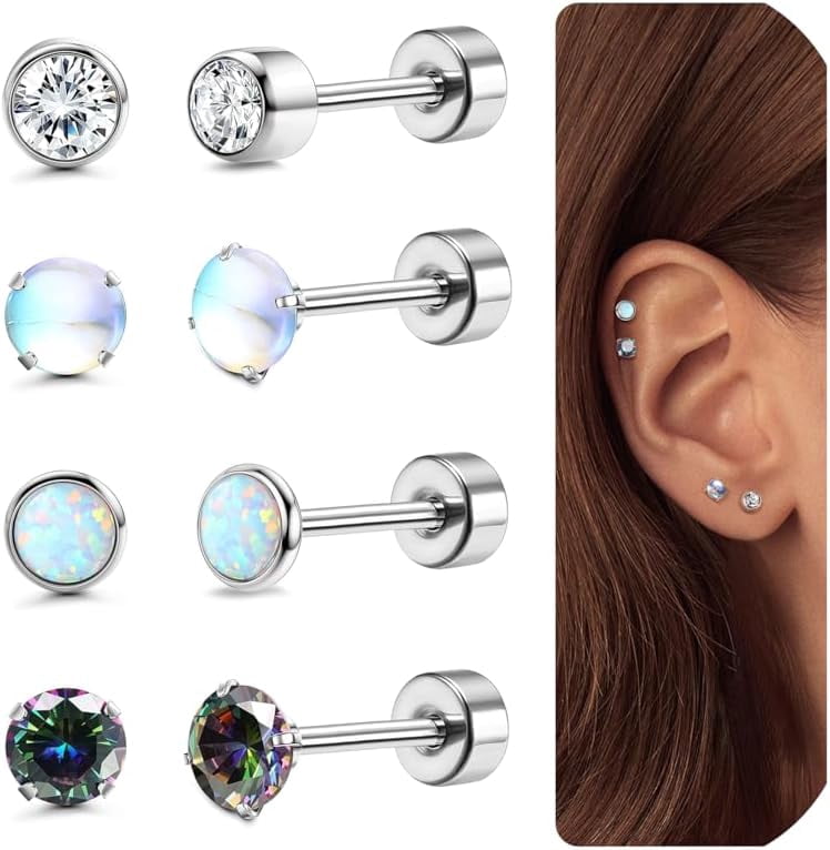 Titanium Stud Earrings Pro for Sensitive Ears, Opal Cubic Zirconia ...