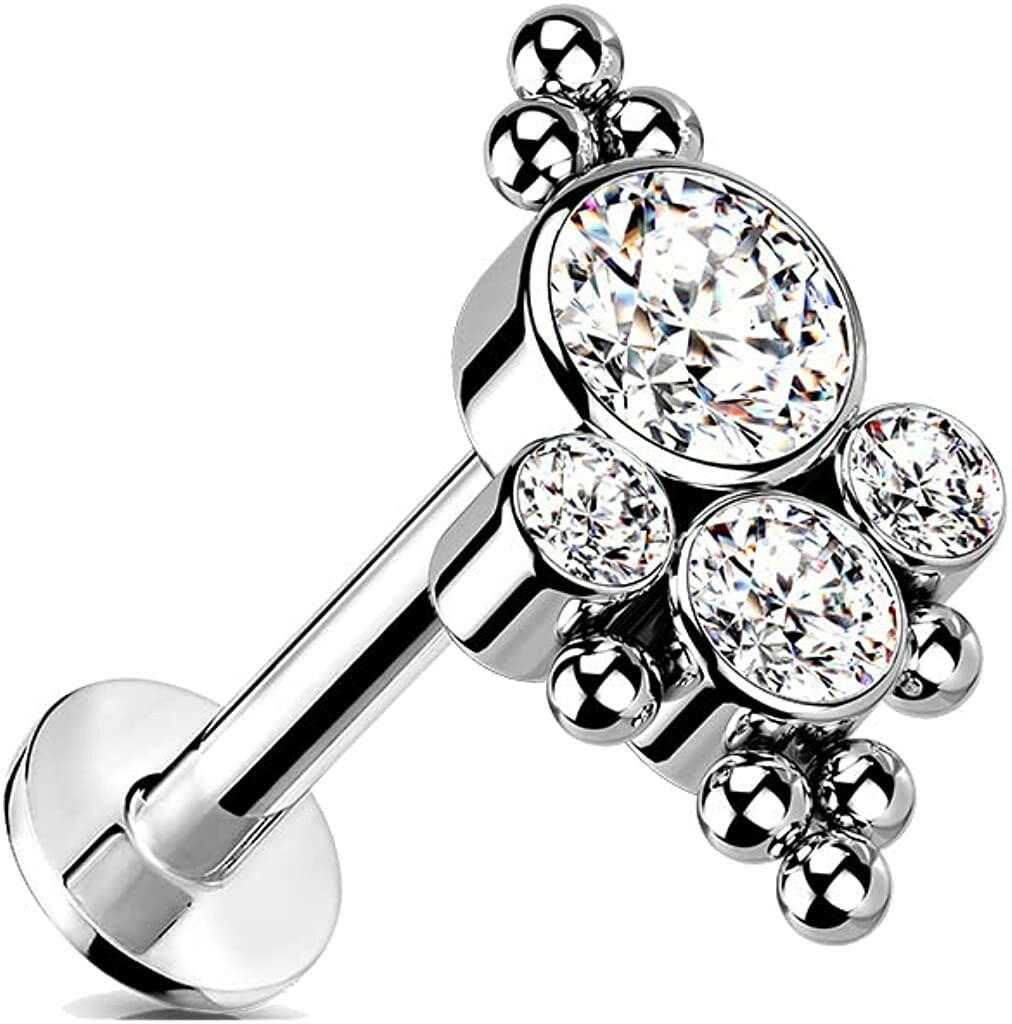 Titanium Threadless Push in Bezel CZ Cluster Center and Beaded Ball Edge Top Labret - Walmart.com