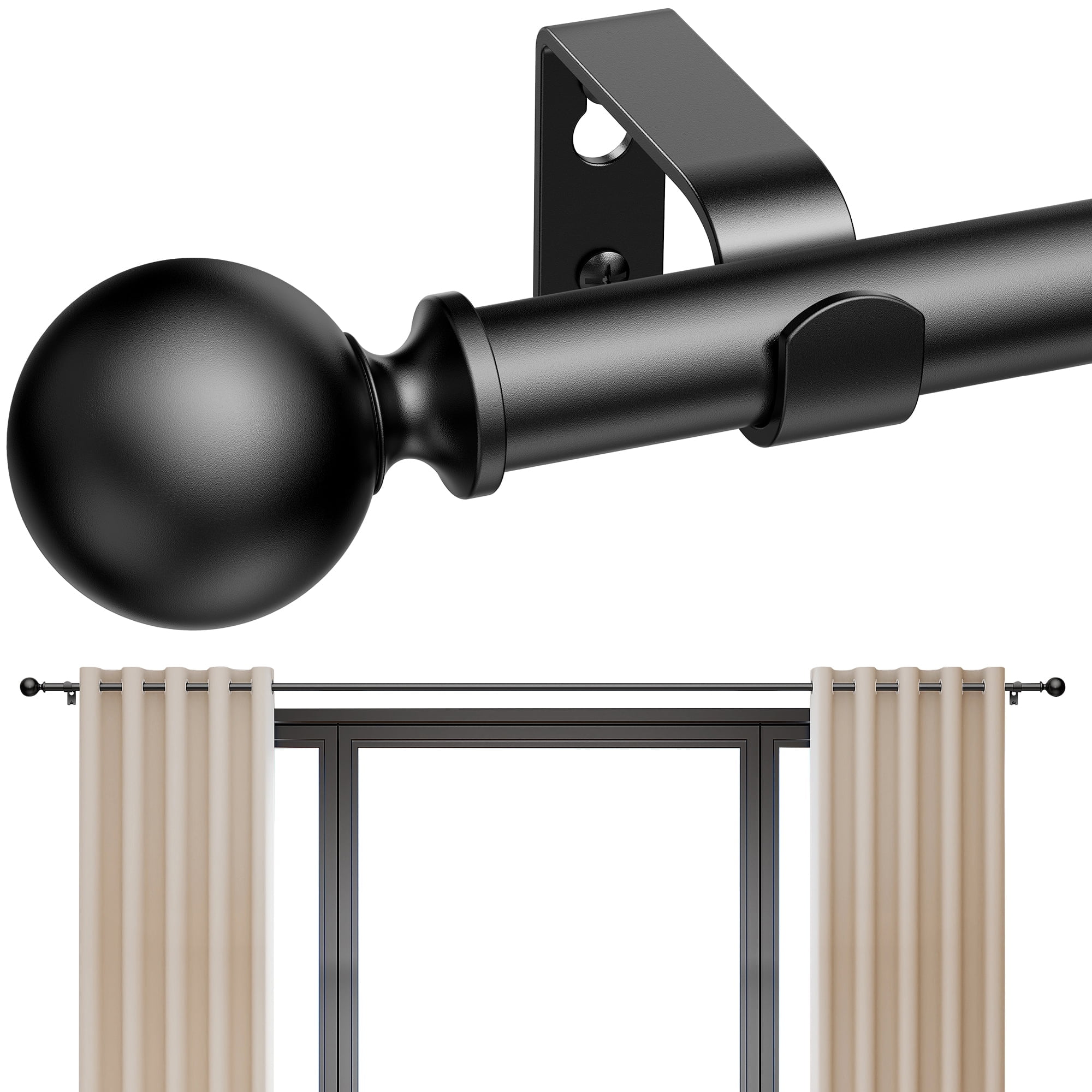 TITANOCK Heavy Duty Metal Curtain Rod 110 to 118 Inch Adjustable Black ...