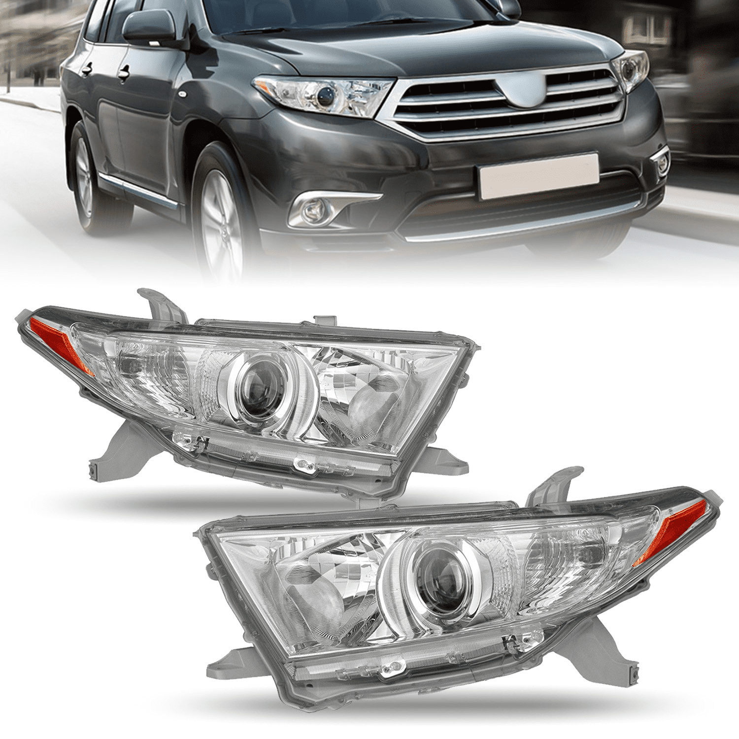Titans Motors Headlights for Toyota Highlander 2011–2013 Chrome Housing ...