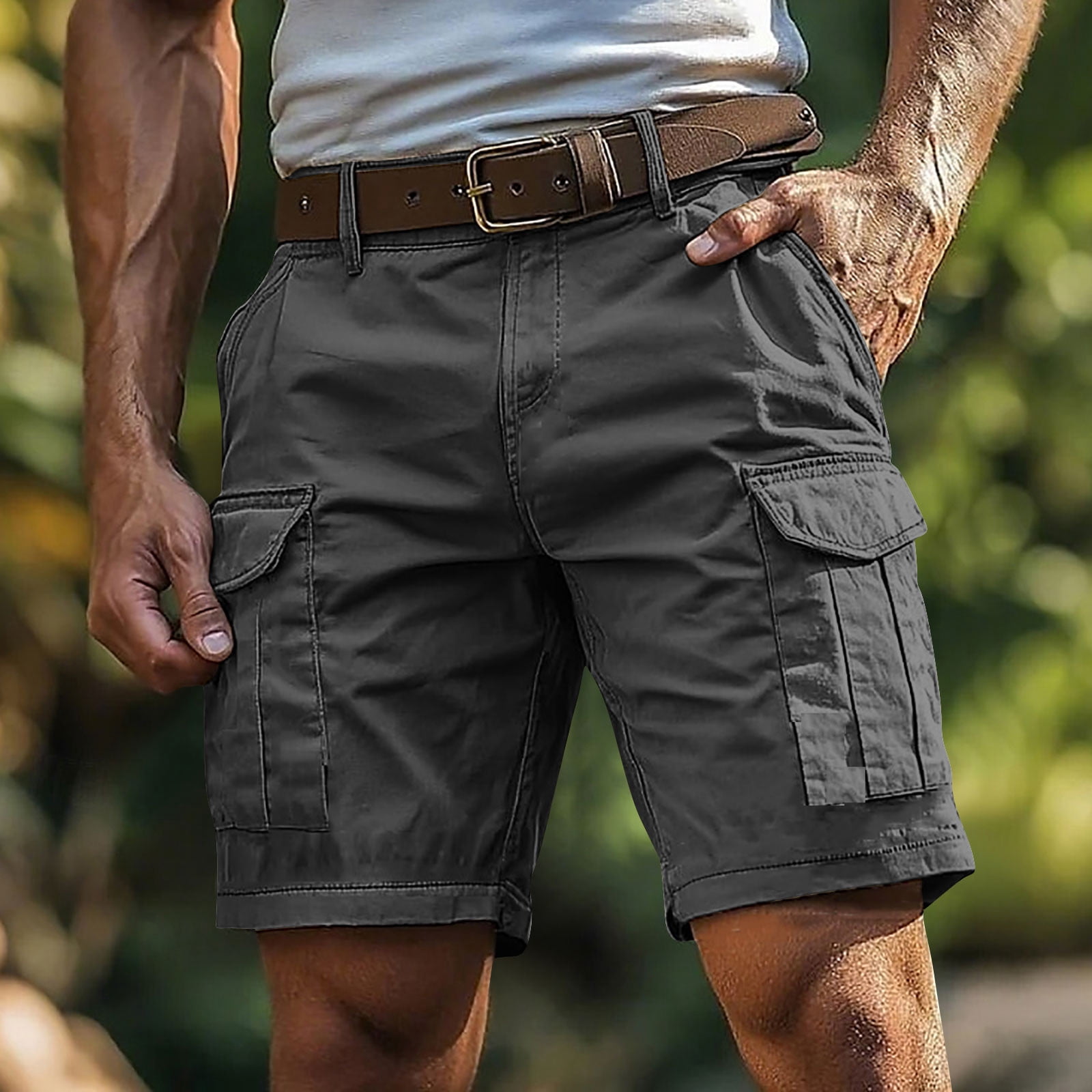 Titcea Cargo Shorts for Men Solid Color Multi Pockets Zipper Closure ...