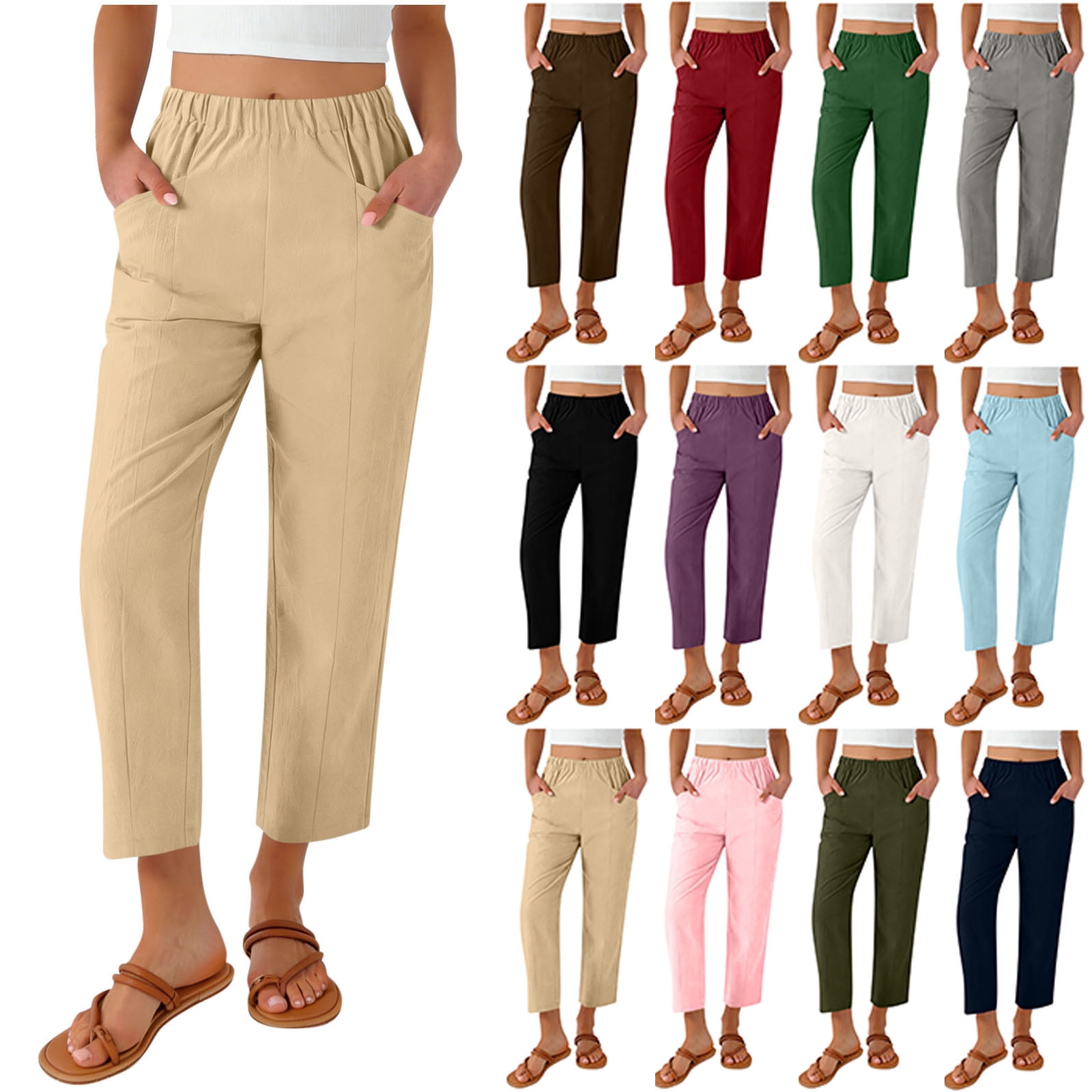 Titcea Linen Pants for Women, Elastic Waist Solid Color Summer Casual ...