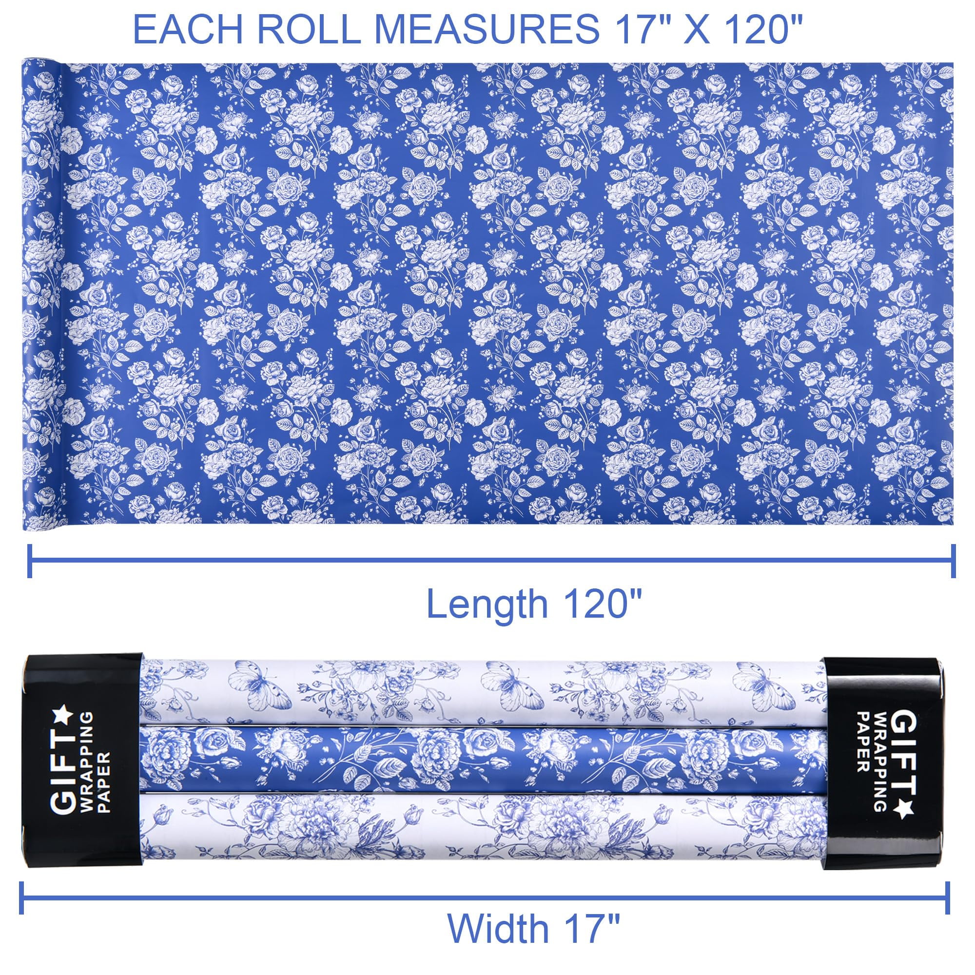 Titiweet Blue Floral AJH3 Wrapping Paper Roll - Blue and White Wrapping ...