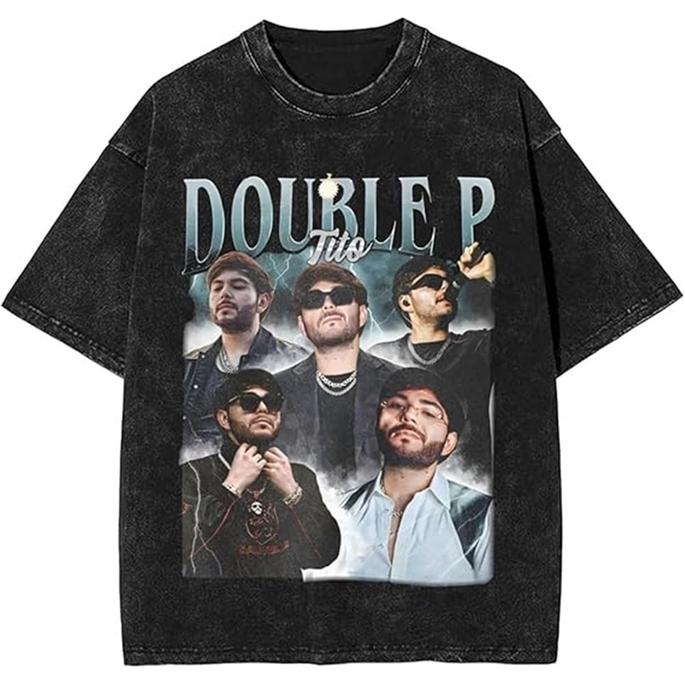 Tito Double P 2025 Music Tour T-Shirt Vintage Washed Denim T-shirt Neutral Summer Street Short ...