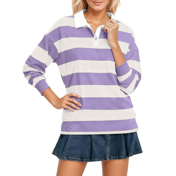 Tiweut Casual Women T-Shirts Long Sleeve Lapel Striped Loose Fit Basic ...