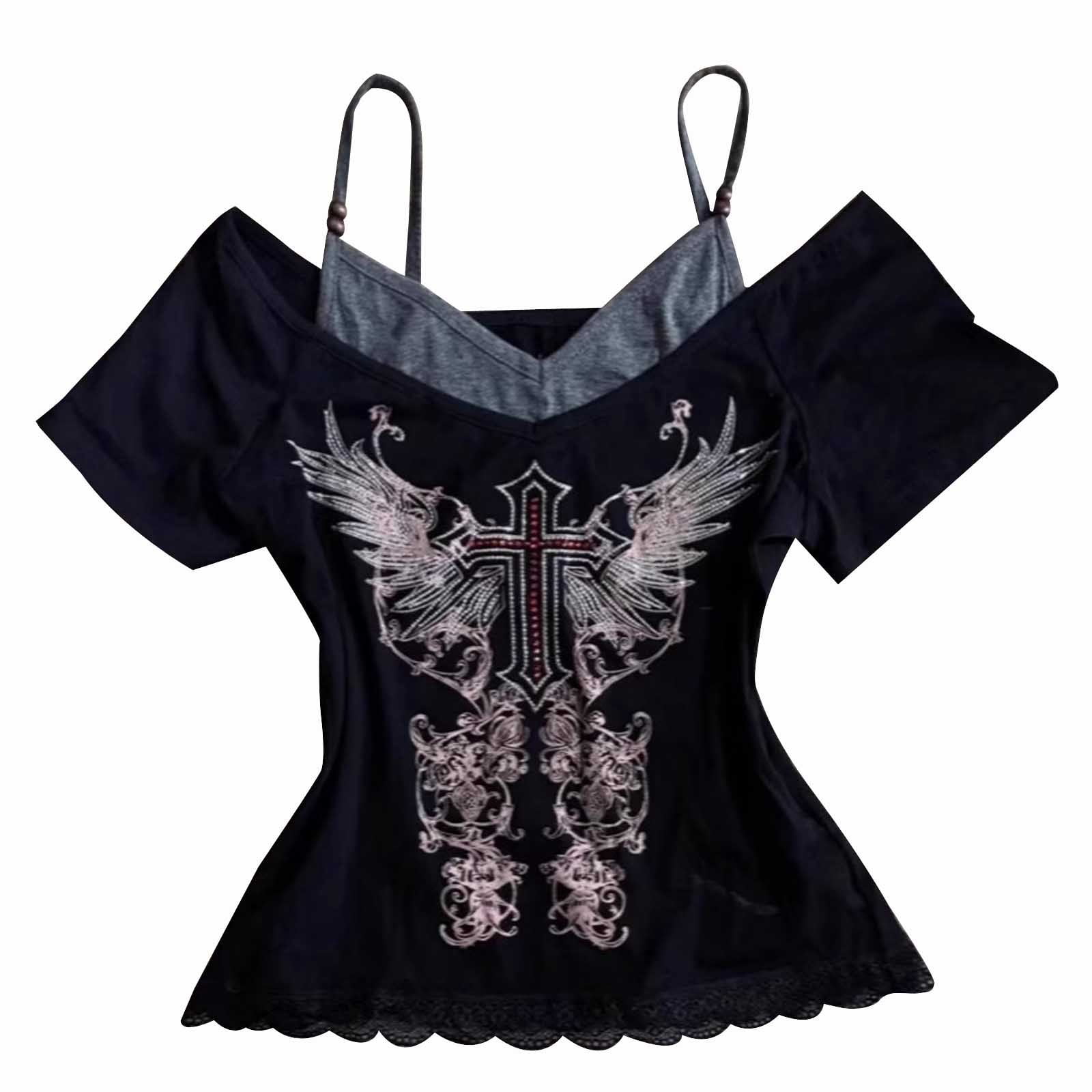 Tiweut Emo Grunge Shirts Women 2000s Graphic Baby Tees Two Piece Short ...