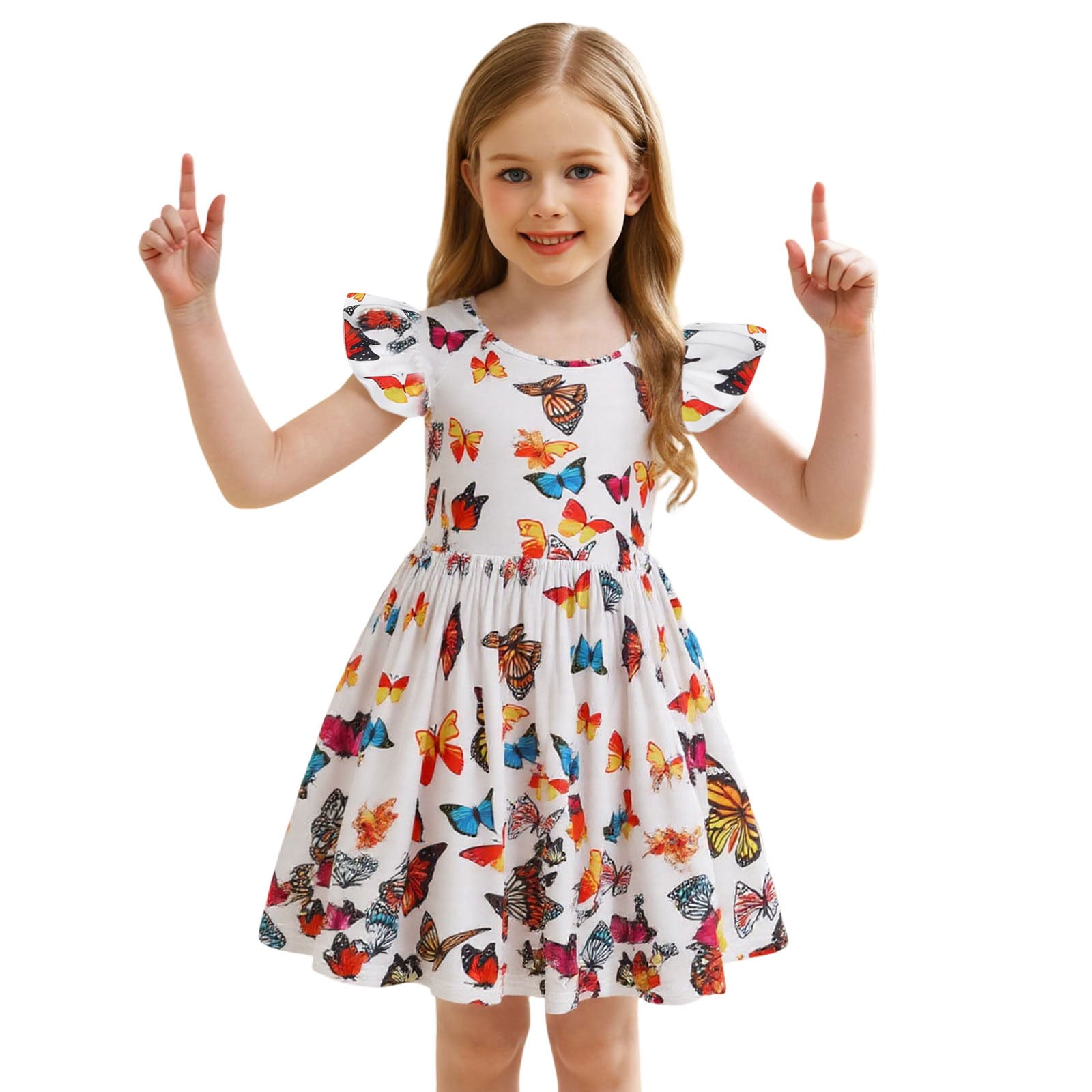 Tiweut Girl's Leisure Dresses Toddler Flutter Fly Sleeve Party Crew Neck Floral Print for Kids ...