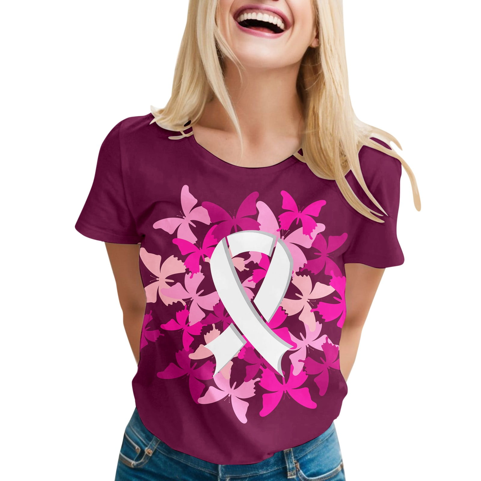 Tiweut Leisure T Shirts for Women Pink Printed Short Sleeve Crew Neck ...