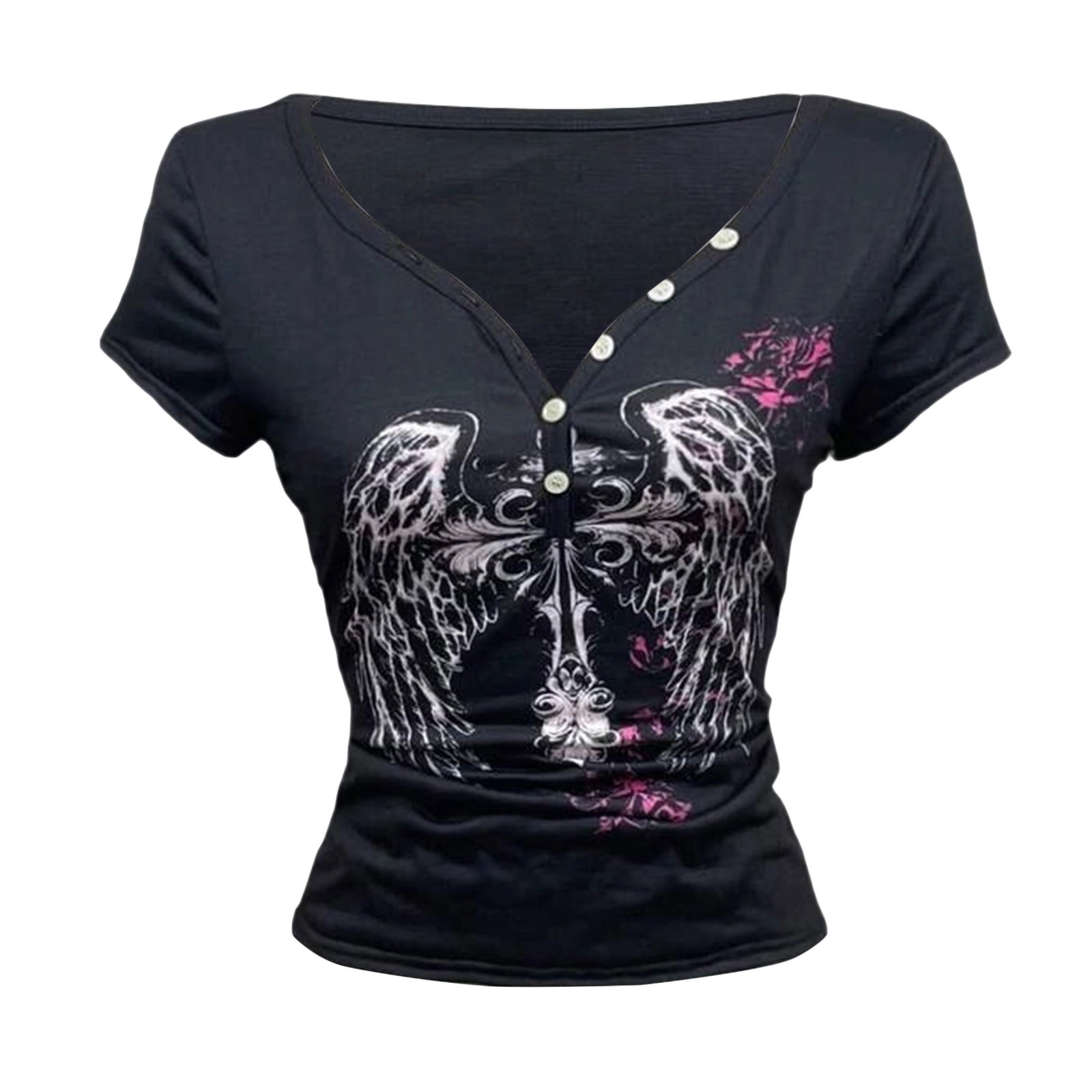 Tiweut Women's Gothic Y2K Graphic Tees Button Up V Neck Short Sleeve T ...