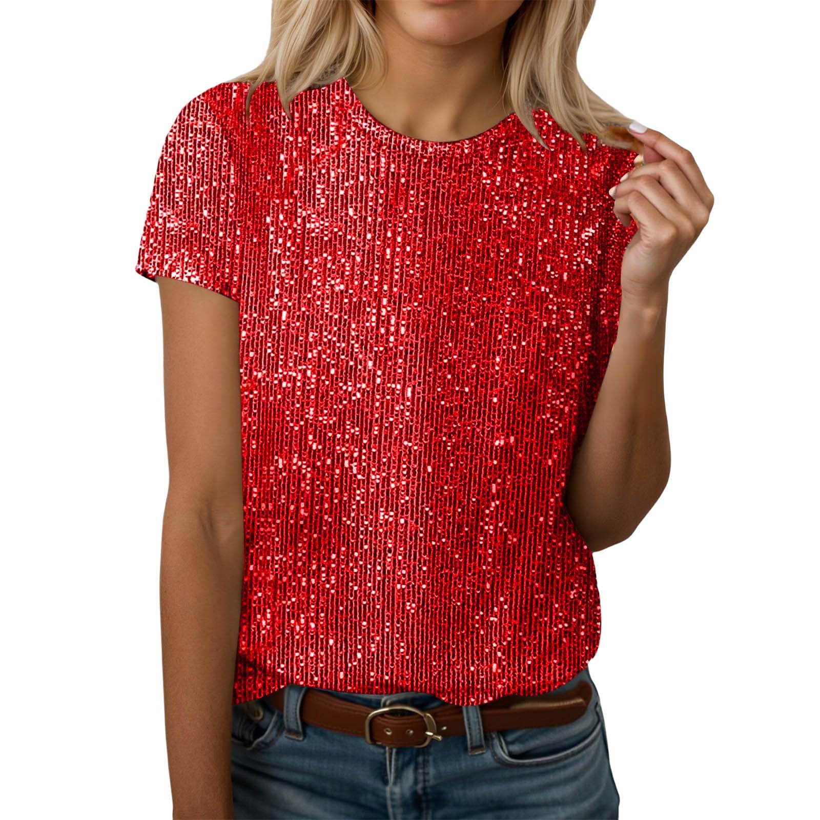 Tiweut Womens Sparkly Sequin Tops Glitter Short Sleeve Club Concert ...