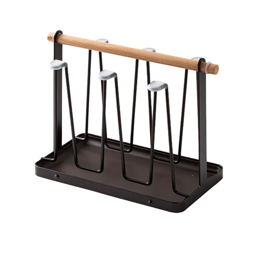 Tizuqe Iron Cup Drying Rack Metal Mug Stand Shelf with Tray Wooden ...