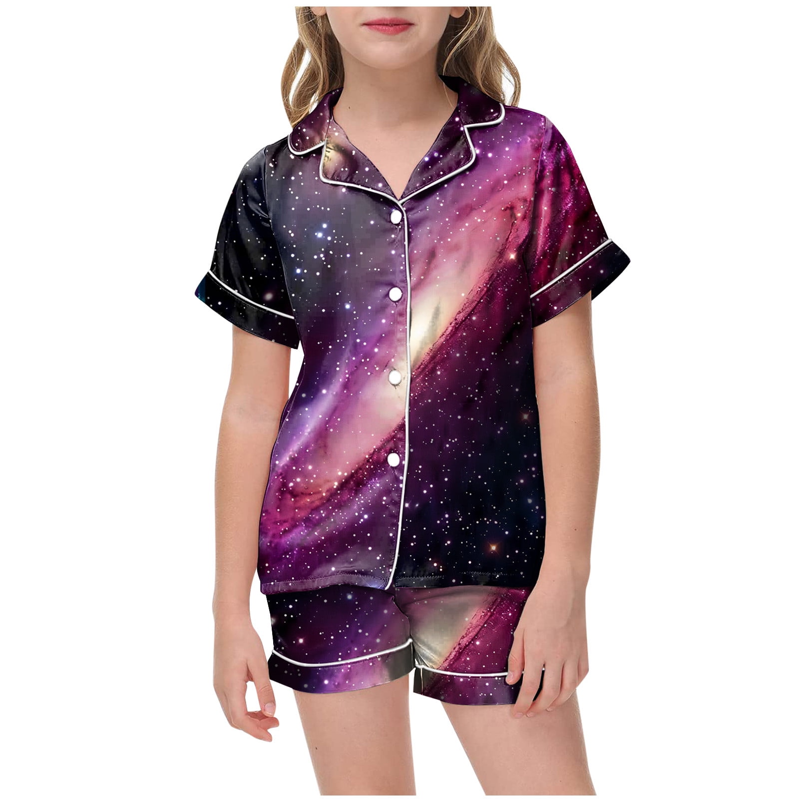 Tkrady Girls' Pajama Sets New Lapel Short Sleeve Cute Print Tops Shorts ...