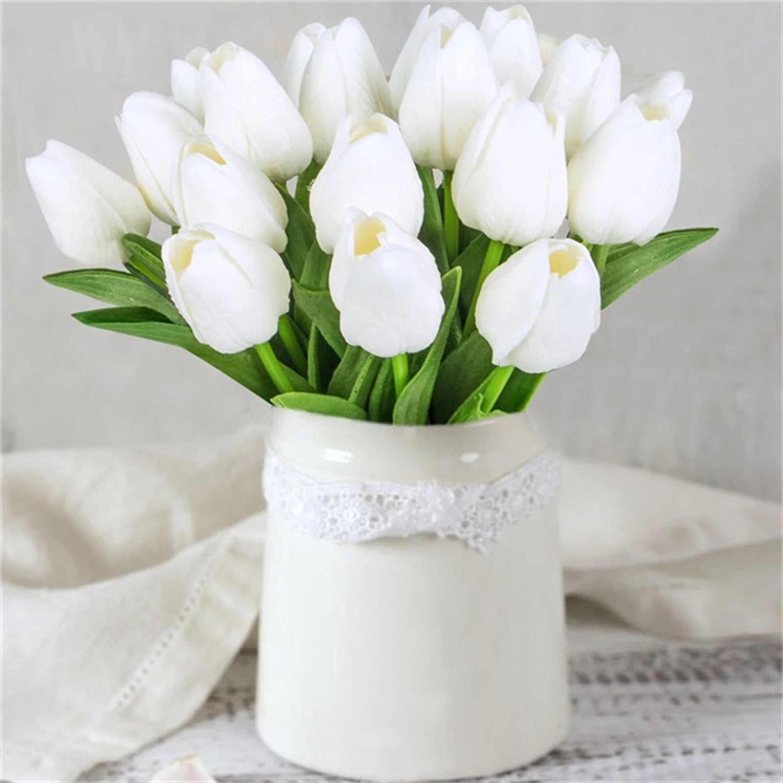 Tkrady White Artificial Flowers 20 Pcs Tulips PU Real Touch Flowers for ...
