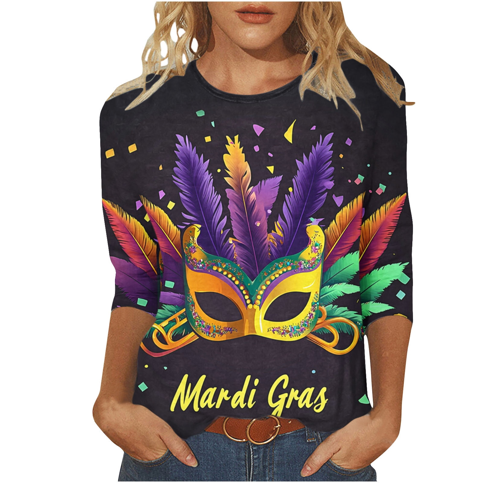 Tmtolofot Mardi Gras Shirts for Women Mask Feather Printed Tshirts ...