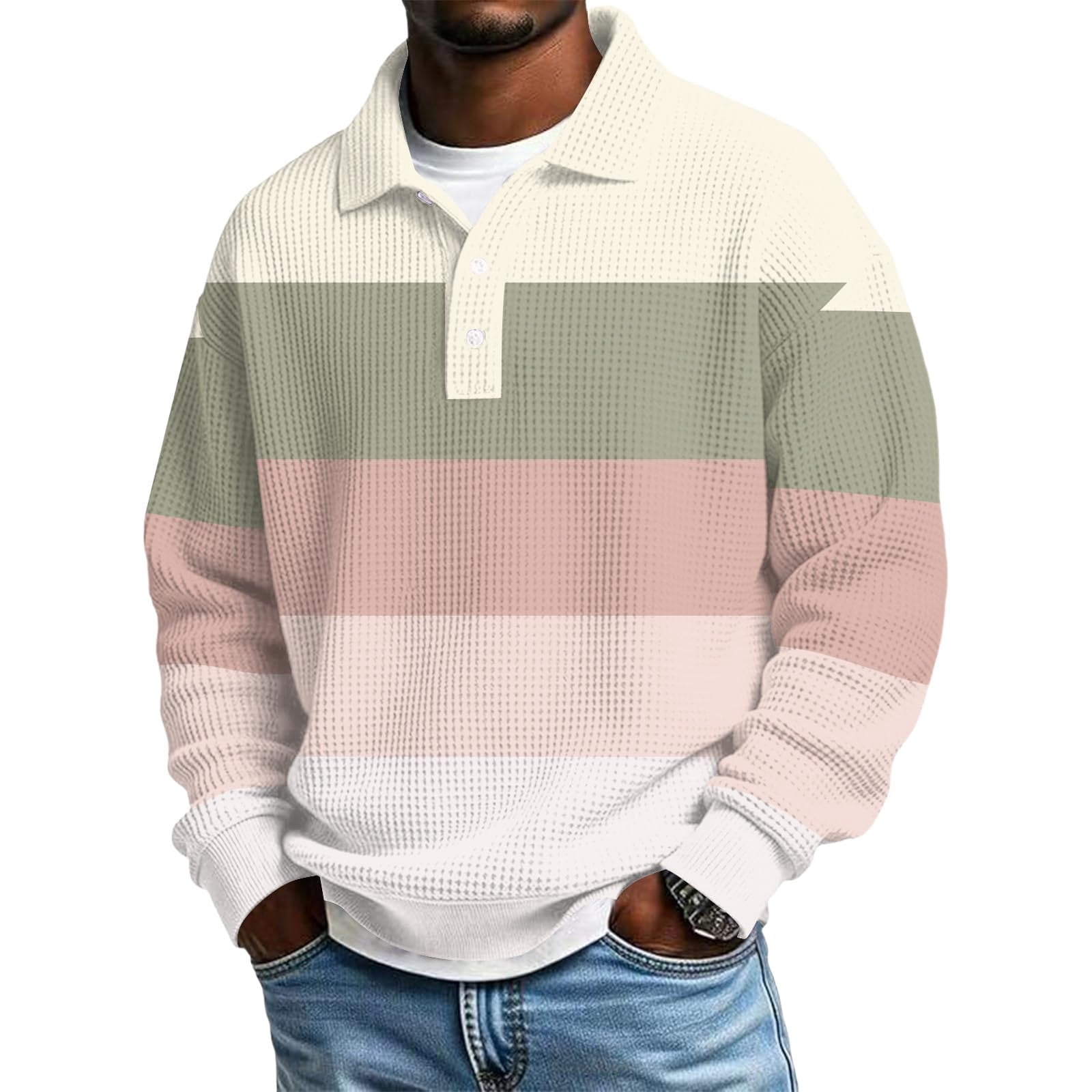 Tmtolofot Striped Long Sleeve Shirt Men Waffle Knit Button Down ...